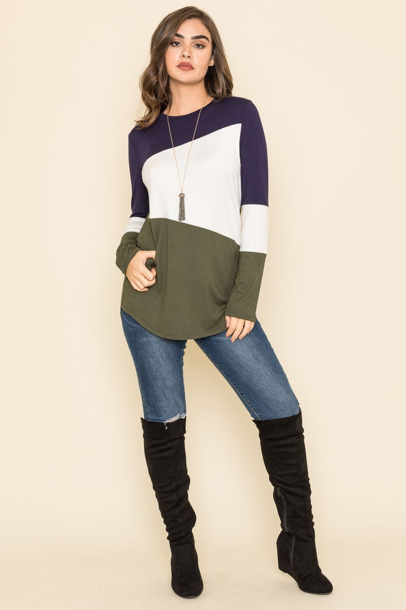 Navy Olive Color Block Long Sleeve Top_Plus – éloges