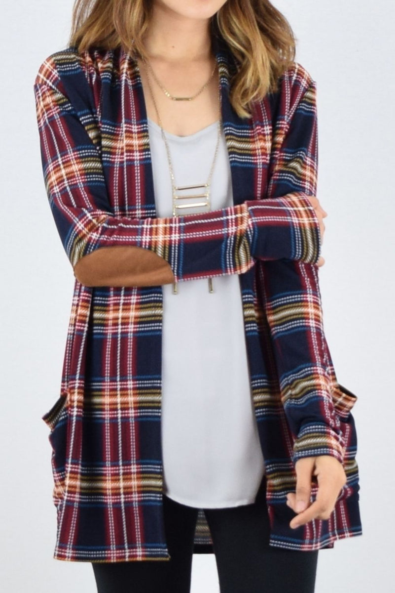 Navy & Burgundy Plaid Elbow Patch Cardigan With Pockets_S – éloges