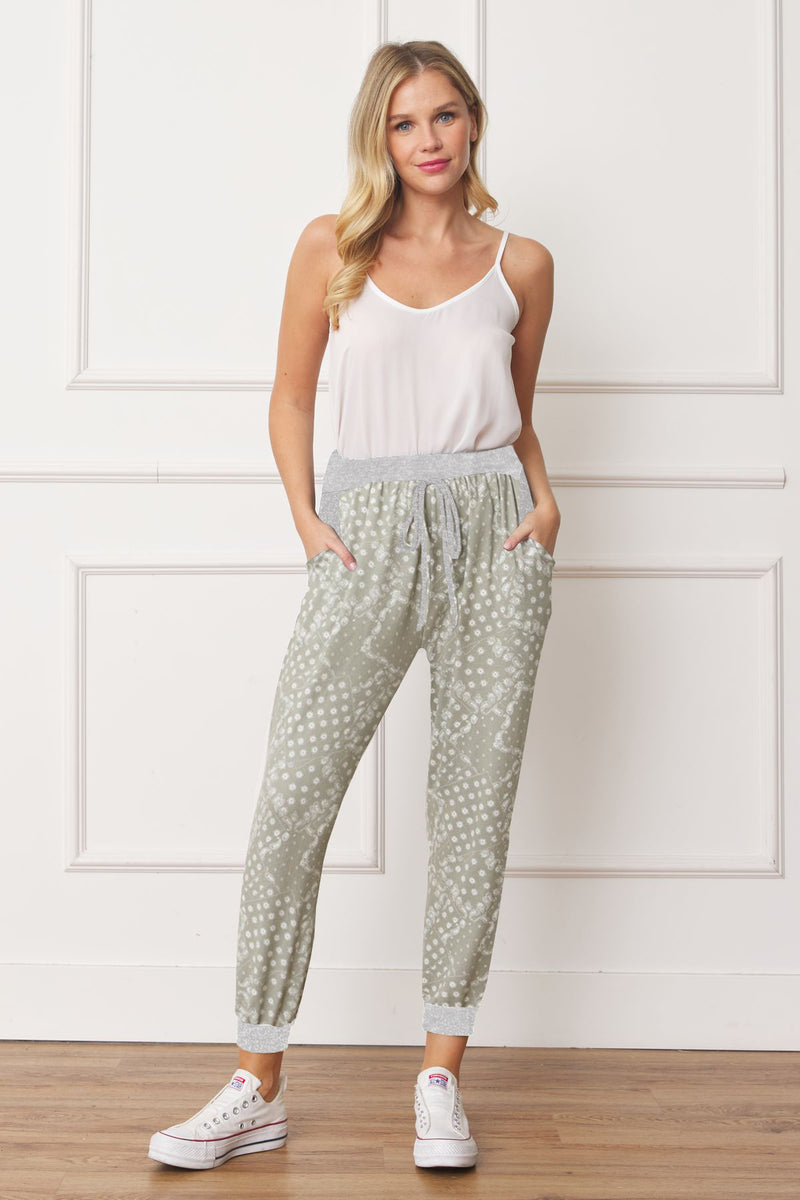 Soft Sage Knit Patchwork Print Jogger with Contrast Grey Trim – éloges